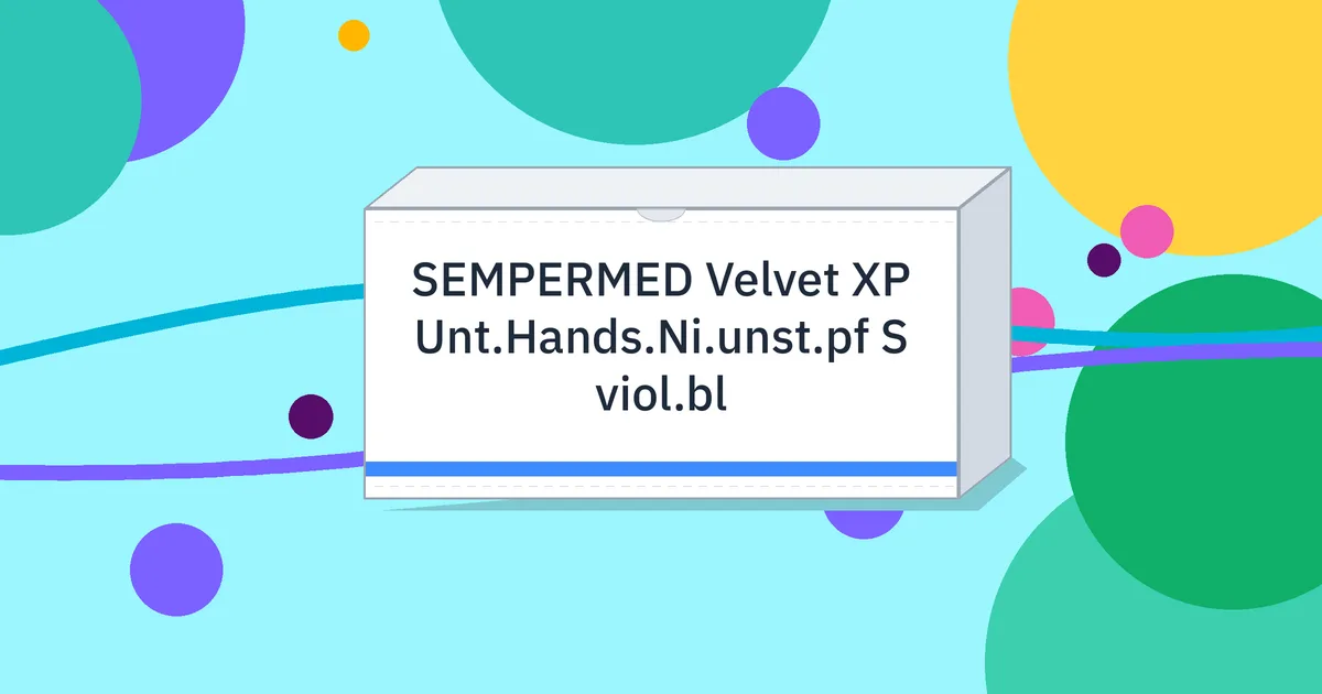 Symbolbild: Packung mit der Aufschrift SEMPERMED Velvet XP Unt.Hands.Ni.unst.pf S viol.bl (PZN 19971226) – Verfügbarkeit und Bezug in Apotheken in Frankfurt am Main