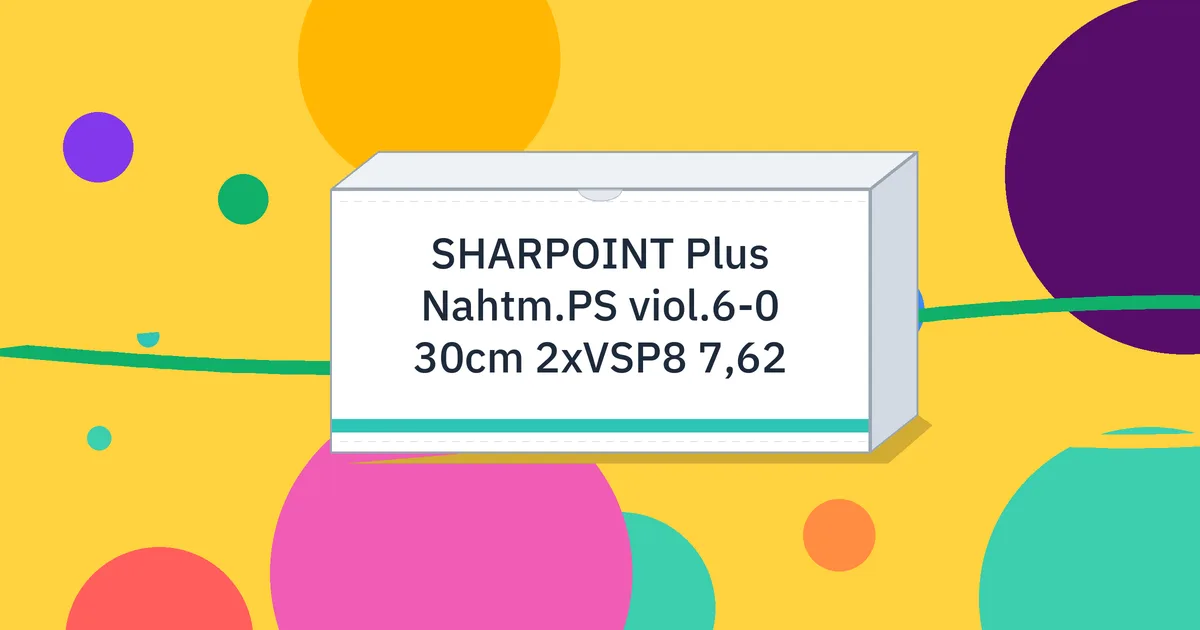 Symbolbild: Packung mit der Aufschrift SHARPOINT Plus Nahtm.PS viol.6-0 30cm 2xVSP8 7,62 (PZN 17995240) – Verfügbarkeit und Bezug in Apotheken in Frankfurt am Main
