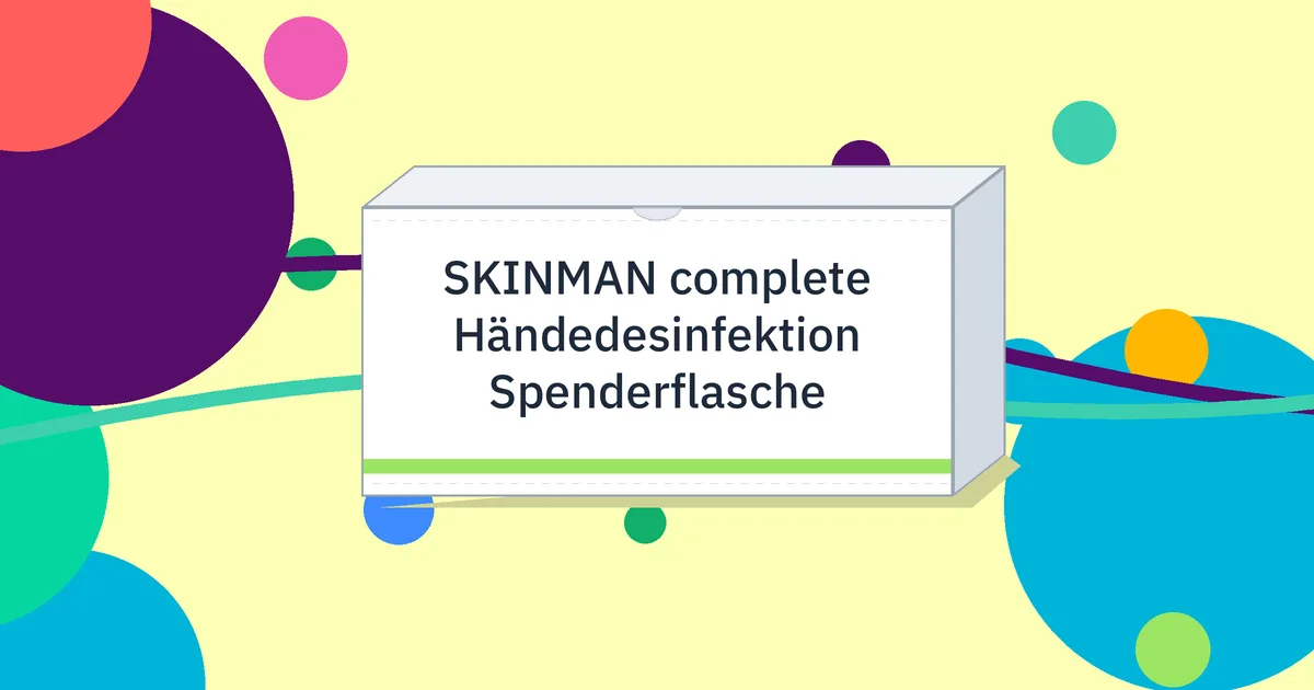 Symbolbild: Packung mit der Aufschrift SKINMAN complete Händedesinfektion Spenderflasche (PZN 09476230) – Verfügbarkeit und Bezug in Apotheken in Frankfurt am Main