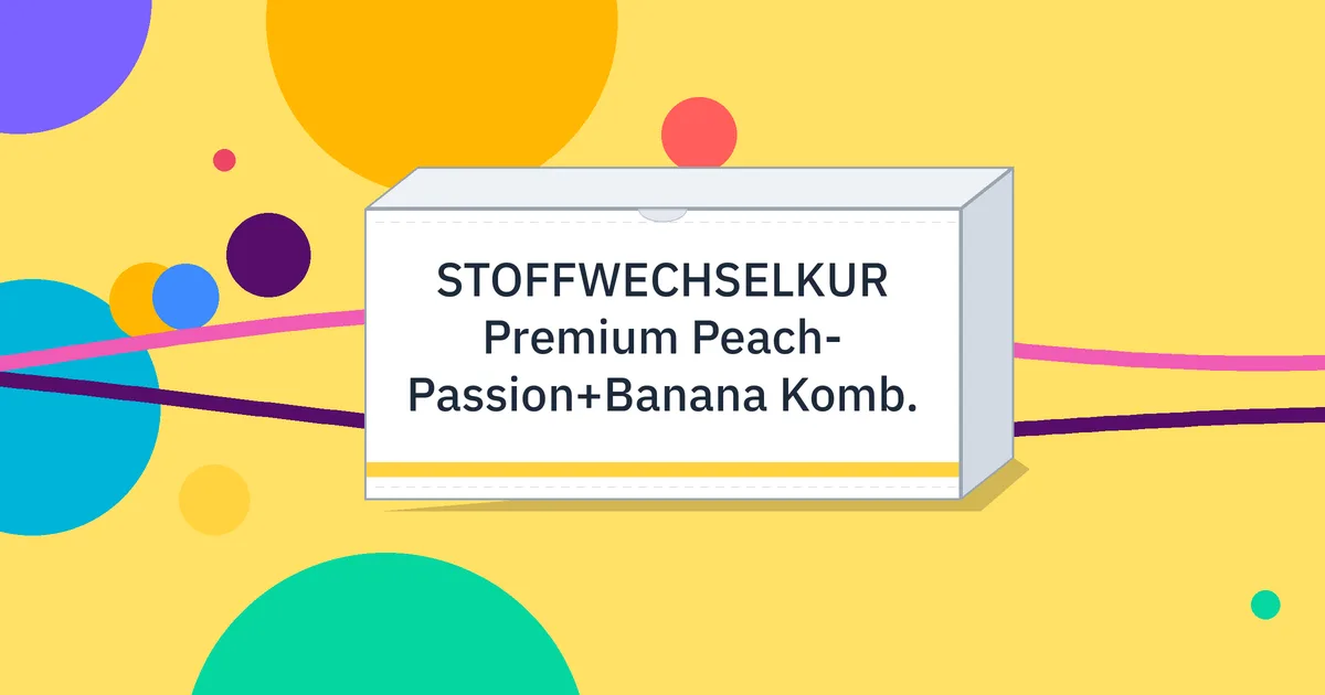 Symbolbild: Packung mit der Aufschrift STOFFWECHSELKUR Premium Peach-Passion+Banana Komb. (PZN 14044521) – Verfügbarkeit und Bezug in Apotheken in Frankfurt am Main