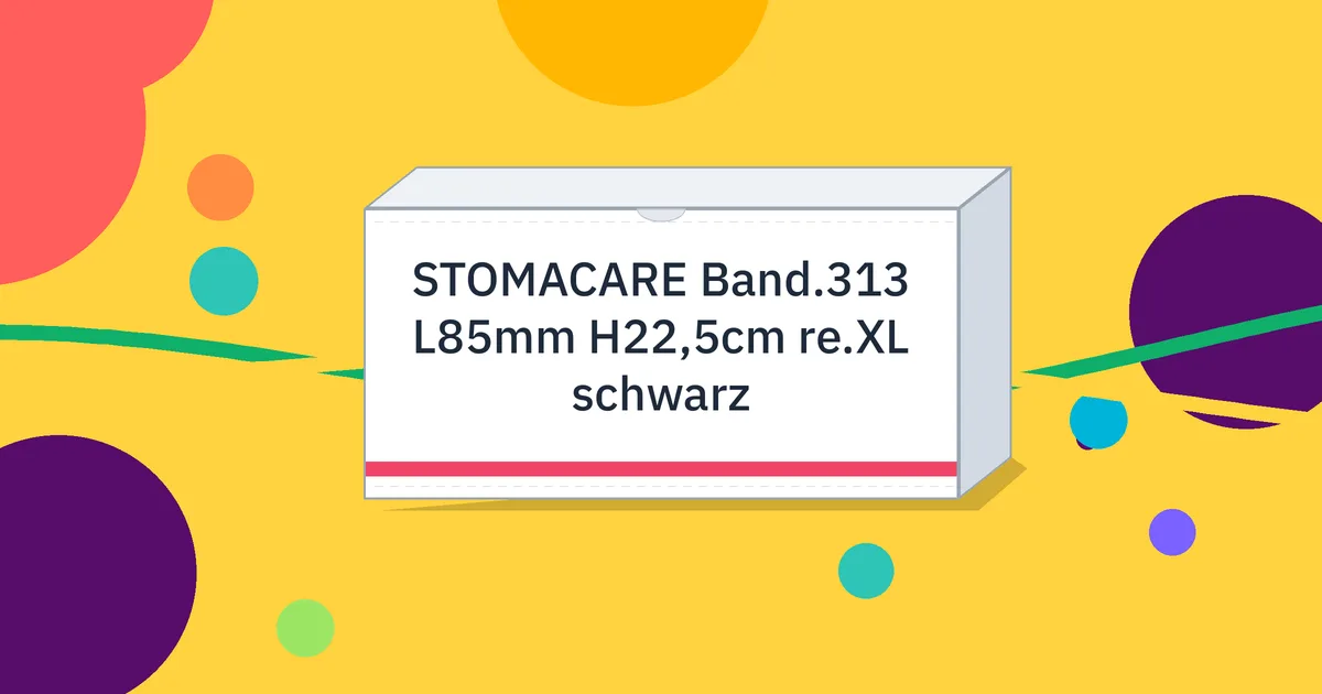 Symbolbild: Packung mit der Aufschrift STOMACARE Band.313 L85mm H22,5cm re.XL schwarz (PZN 10841657) – Verfügbarkeit und Bezug in Apotheken in Frankfurt am Main
