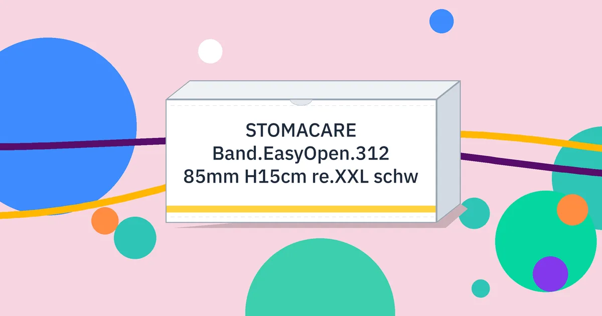 Symbolbild: Packung mit der Aufschrift STOMACARE Band.EasyOpen.312 85mm H15cm re.XXL schw (PZN 09438117) – Verfügbarkeit und Bezug in Apotheken in Frankfurt am Main