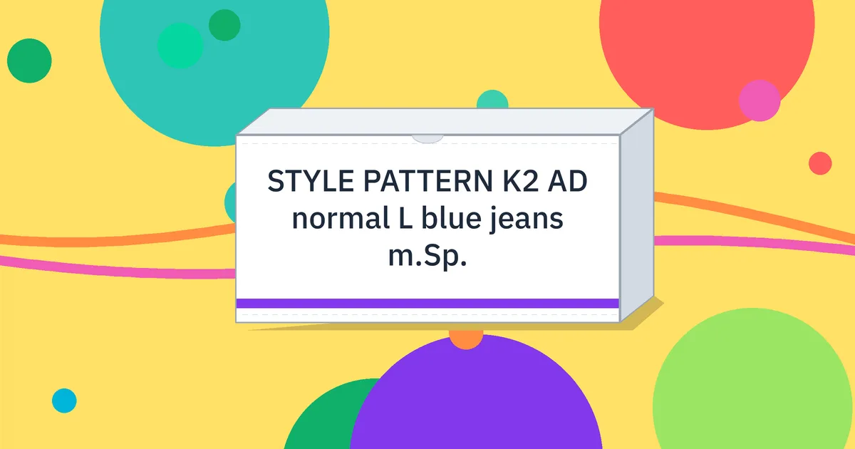 Symbolbild: Packung mit der Aufschrift STYLE PATTERN K2 AD normal L blue jeans m.Sp. (PZN 19694755) – Verfügbarkeit und Bezug in Apotheken in Frankfurt am Main