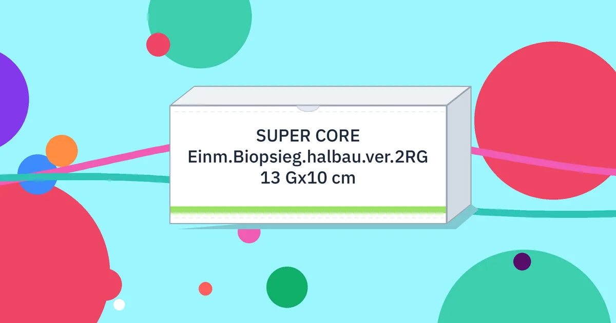 Symbolbild: Packung mit der Aufschrift SUPER CORE Einm.Biopsieg.halbau.ver.2RG 13 Gx10 cm (PZN 07099912) – Verfügbarkeit und Bezug in Apotheken in Frankfurt am Main