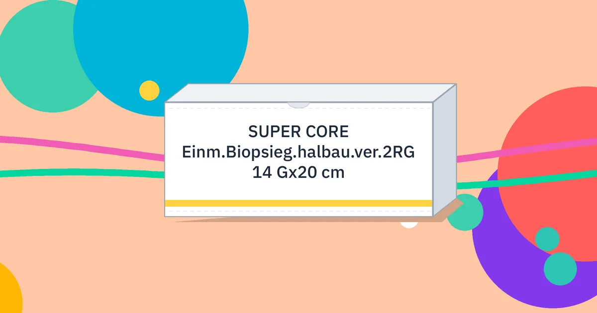 Symbolbild: Packung mit der Aufschrift SUPER CORE Einm.Biopsieg.halbau.ver.2RG 14 Gx20 cm (PZN 07099964) – Verfügbarkeit und Bezug in Apotheken in Frankfurt am Main