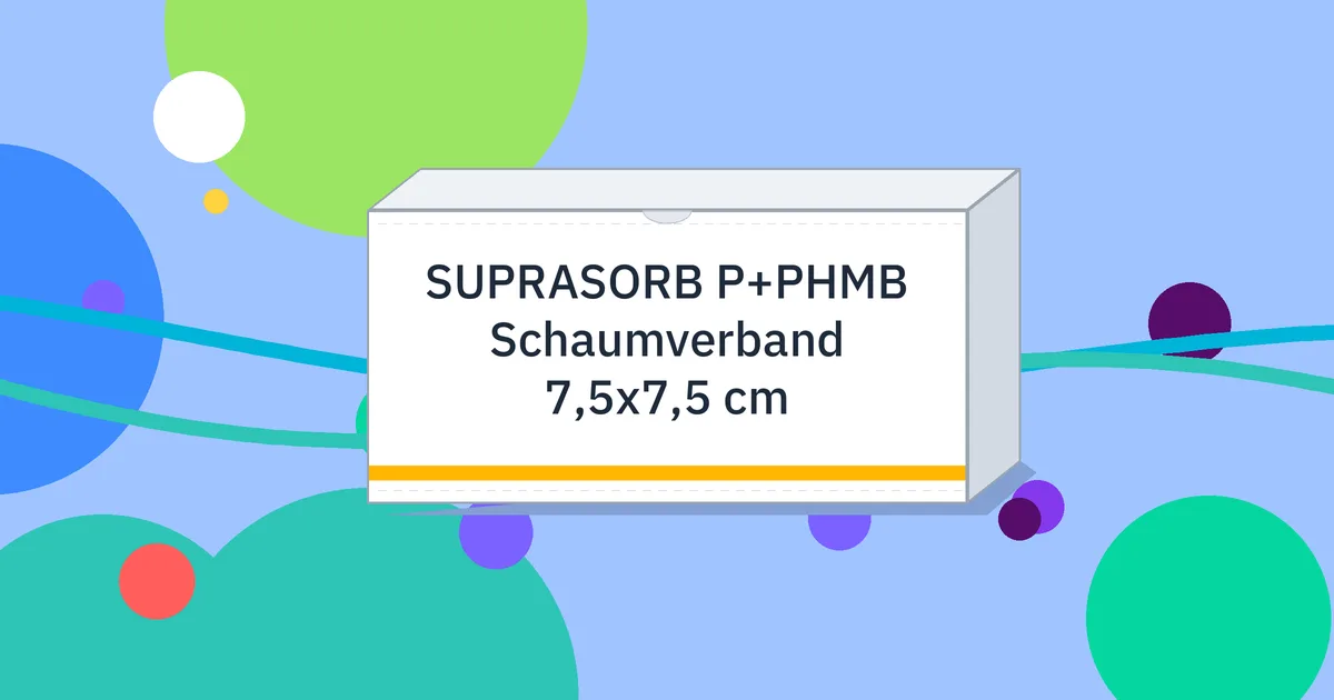 Symbolbild: Packung mit der Aufschrift SUPRASORB P+PHMB Schaumverband 7,5x7,5 cm (PZN 13345485) – Verfügbarkeit und Bezug in Apotheken in Frankfurt am Main