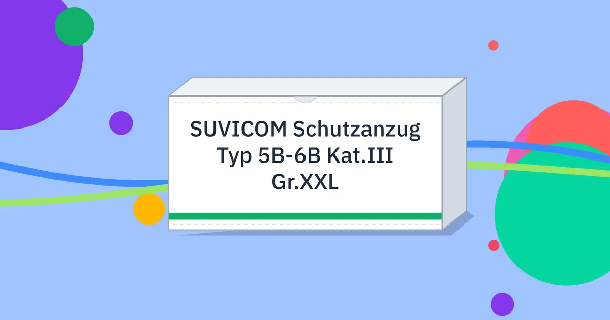 Symbolbild: Packung mit der Aufschrift SUVICOM Schutzanzug Typ 5B-6B Kat.III Gr.XXL (PZN 17539683) – Verfügbarkeit und Bezug in Apotheken in Frankfurt am Main