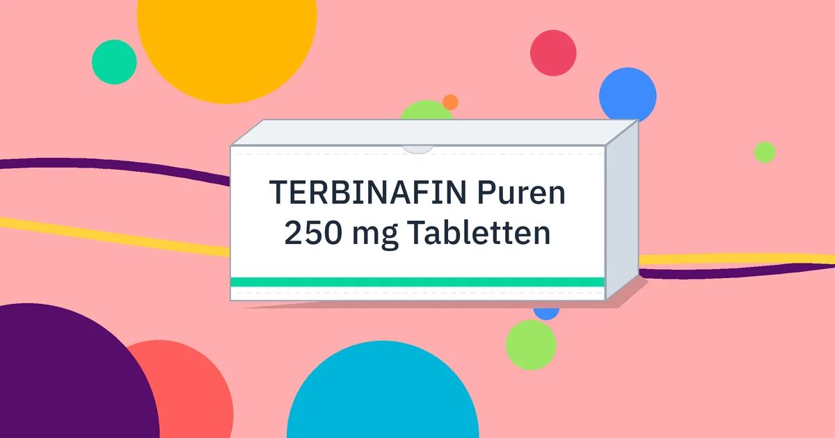 Symbolbild: Packung mit der Aufschrift TERBINAFIN Puren 250 mg Tabletten (PZN 11358325) – Verfügbarkeit und Bezug in Apotheken in Frankfurt am Main