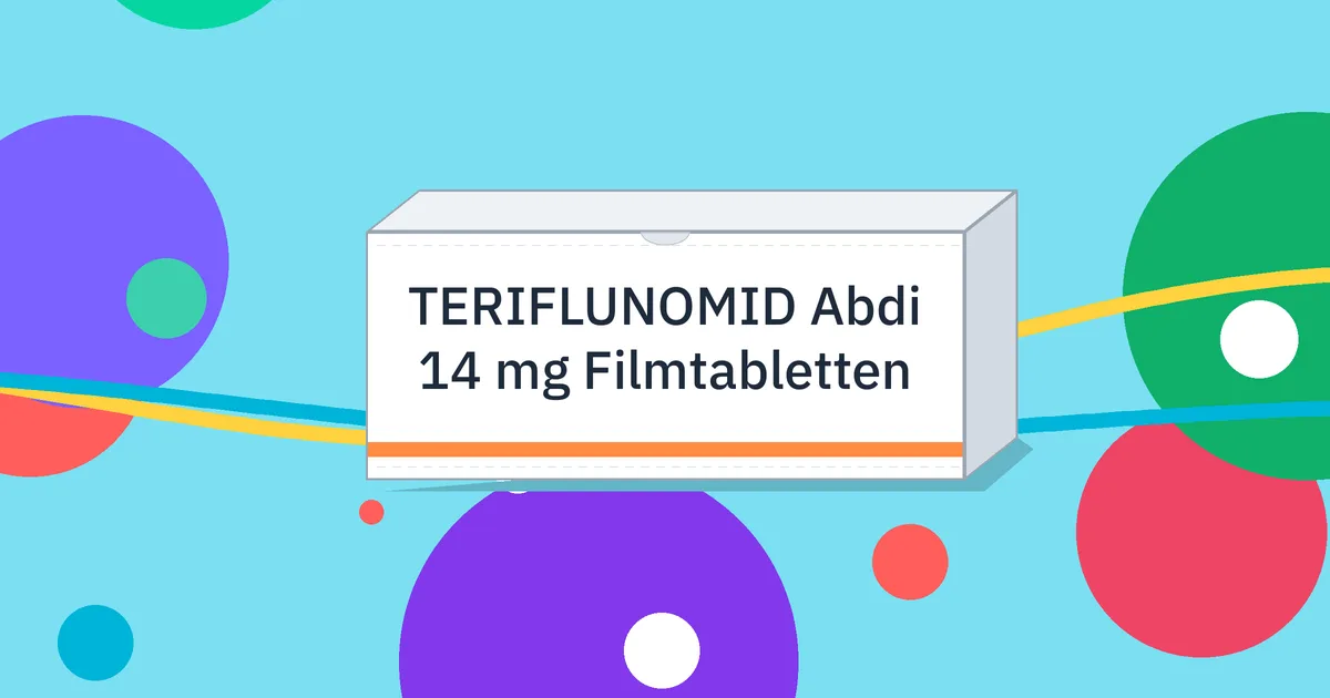 Symbolbild: Packung mit der Aufschrift TERIFLUNOMID Abdi 14 mg Filmtabletten (PZN 19162449) – Verfügbarkeit und Bezug in Apotheken in Frankfurt am Main