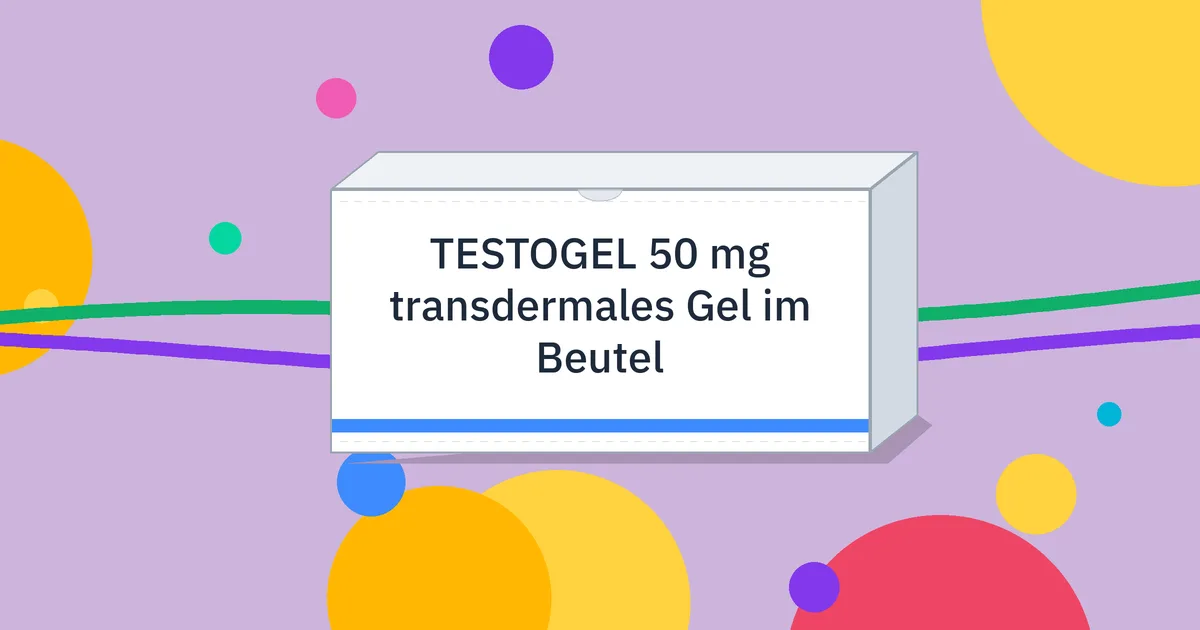Symbolbild: Packung mit der Aufschrift TESTOGEL 50 mg transdermales Gel im Beutel (PZN 20197795) – Verfügbarkeit und Bezug in Apotheken in Frankfurt am Main