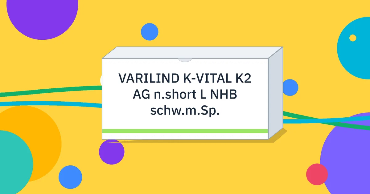 Symbolbild: Packung mit der Aufschrift VARILIND K-VITAL K2 AG n.short L NHB schw.m.Sp. (PZN 20565023) – Verfügbarkeit und Bezug in Apotheken in Frankfurt am Main