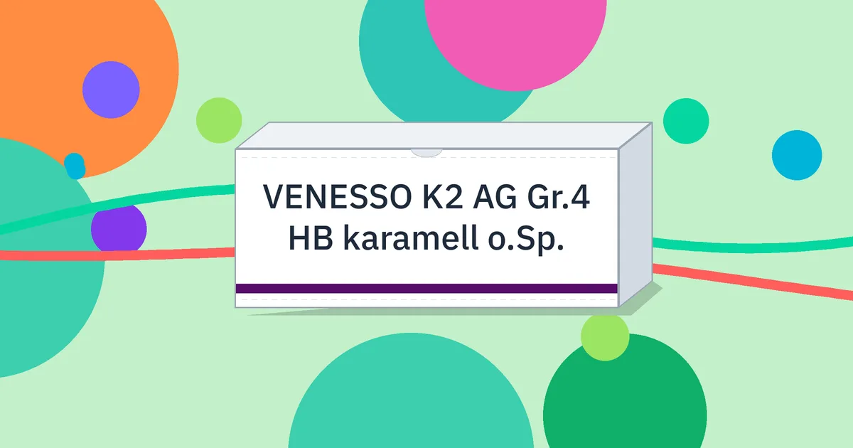 Symbolbild: Packung mit der Aufschrift VENESSO K2 AG Gr.4 HB karamell o.Sp. (PZN 13758313) – Verfügbarkeit und Bezug in Apotheken in Frankfurt am Main