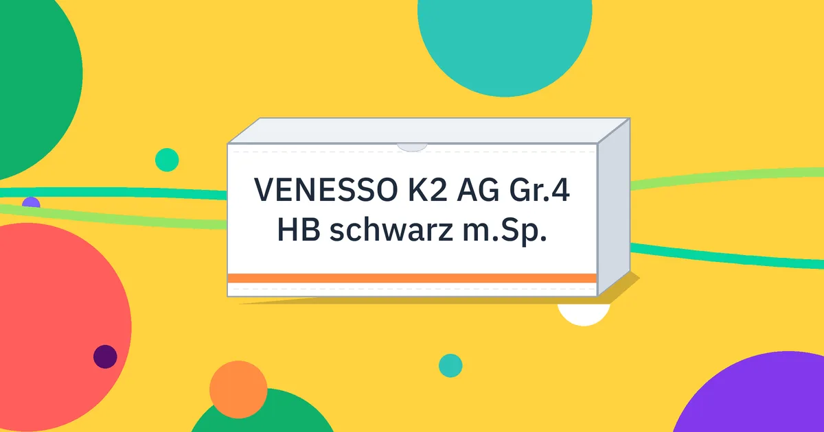 Symbolbild: Packung mit der Aufschrift VENESSO K2 AG Gr.4 HB schwarz m.Sp. (PZN 03264366) – Verfügbarkeit und Bezug in Apotheken in Frankfurt am Main