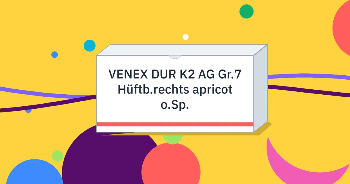 Symbolbild: Packung mit der Aufschrift VENEX DUR K2 AG Gr.7 Hüftb.rechts apricot o.Sp. (PZN 03231763) – Verfügbarkeit und Bezug in Apotheken in Frankfurt am Main