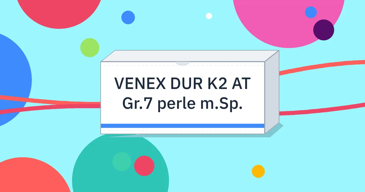 Symbolbild: Packung mit der Aufschrift VENEX DUR K2 AT Gr.7 perle m.Sp. (PZN 03221842) – Verfügbarkeit und Bezug in Apotheken in Frankfurt am Main