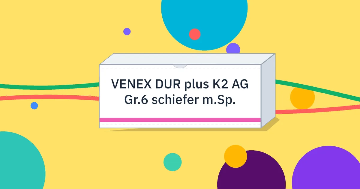 Symbolbild: Packung mit der Aufschrift VENEX DUR plus K2 AG Gr.6 schiefer m.Sp. (PZN 03235614) – Verfügbarkeit und Bezug in Apotheken in Frankfurt am Main