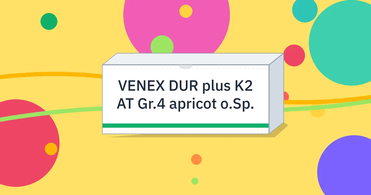 Symbolbild: Packung mit der Aufschrift VENEX DUR plus K2 AT Gr.4 apricot o.Sp. (PZN 03234626) – Verfügbarkeit und Bezug in Apotheken in Frankfurt am Main