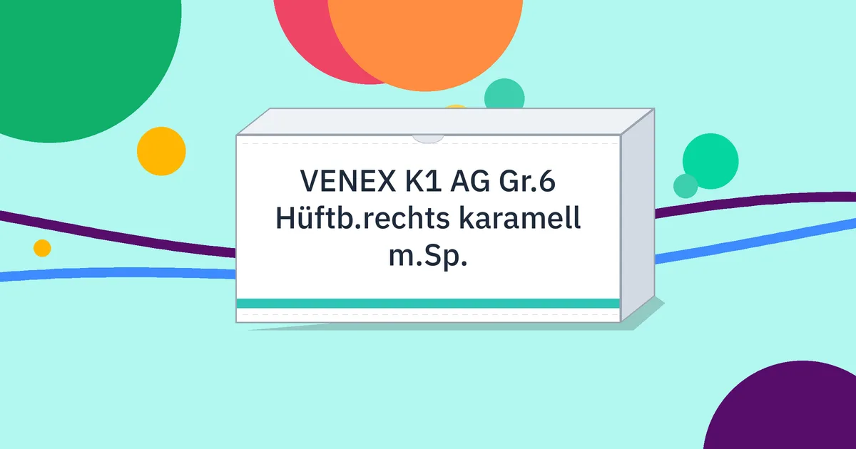 Symbolbild: Packung mit der Aufschrift VENEX K1 AG Gr.6 Hüftb.rechts karamell m.Sp. (PZN 13760882) – Verfügbarkeit und Bezug in Apotheken in Frankfurt am Main