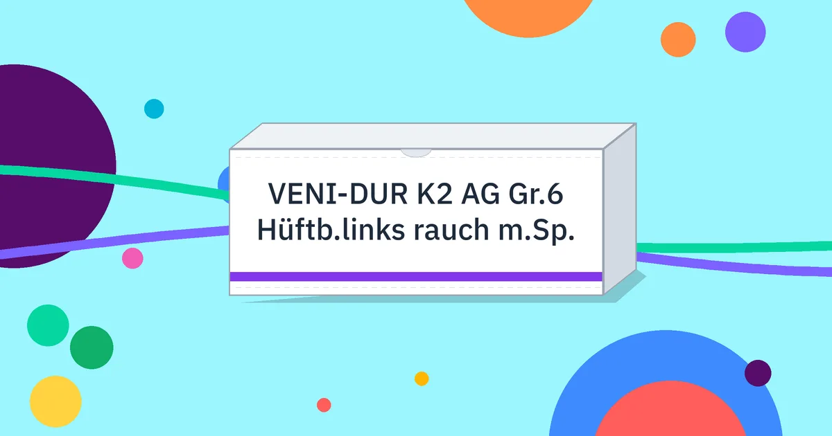 Symbolbild: Packung mit der Aufschrift VENI-DUR K2 AG Gr.6 Hüftb.links rauch m.Sp. (PZN 03248806) – Verfügbarkeit und Bezug in Apotheken in Frankfurt am Main