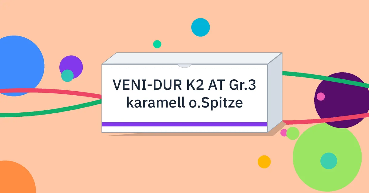 Symbolbild: Packung mit der Aufschrift VENI-DUR K2 AT Gr.3 karamell o.Spitze (PZN 13757041) – Verfügbarkeit und Bezug in Apotheken in Frankfurt am Main