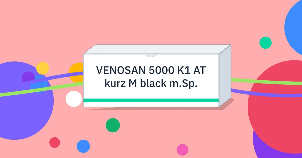 Symbolbild: Packung mit der Aufschrift VENOSAN 5000 K1 AT kurz M black m.Sp. (PZN 14432832) – Verfügbarkeit und Bezug in Apotheken in Frankfurt am Main