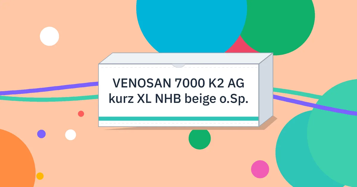 Symbolbild: Packung mit der Aufschrift VENOSAN 7000 K2 AG kurz XL NHB beige o.Sp. (PZN 14434848) – Verfügbarkeit und Bezug in Apotheken in Frankfurt am Main