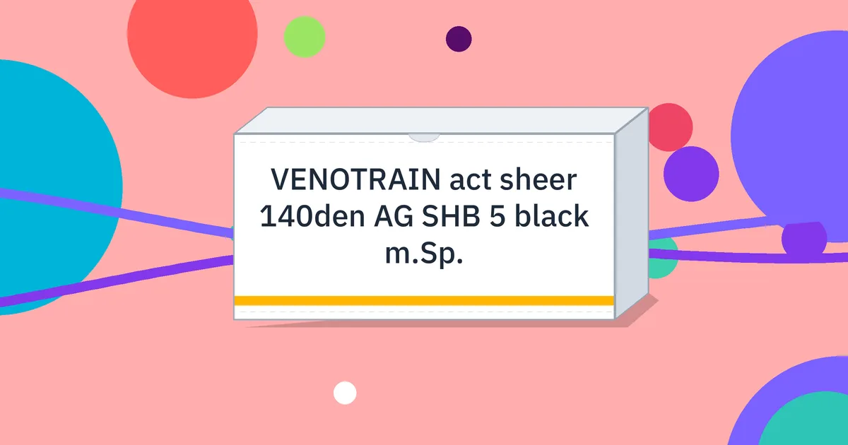Symbolbild: Packung mit der Aufschrift VENOTRAIN act sheer 140den AG SHB 5 black m.Sp. (PZN 16208493) – Verfügbarkeit und Bezug in Apotheken in Frankfurt am Main