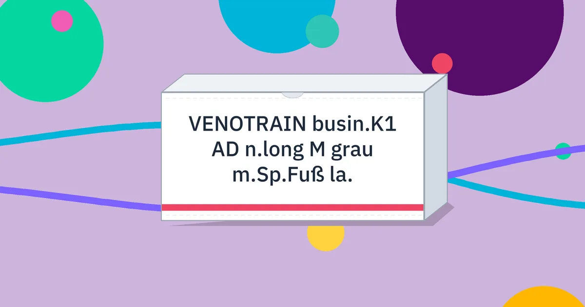 Symbolbild: Packung mit der Aufschrift VENOTRAIN busin.K1 AD n.long M grau m.Sp.Fuß la. (PZN 19056411) – Verfügbarkeit und Bezug in Apotheken in Frankfurt am Main