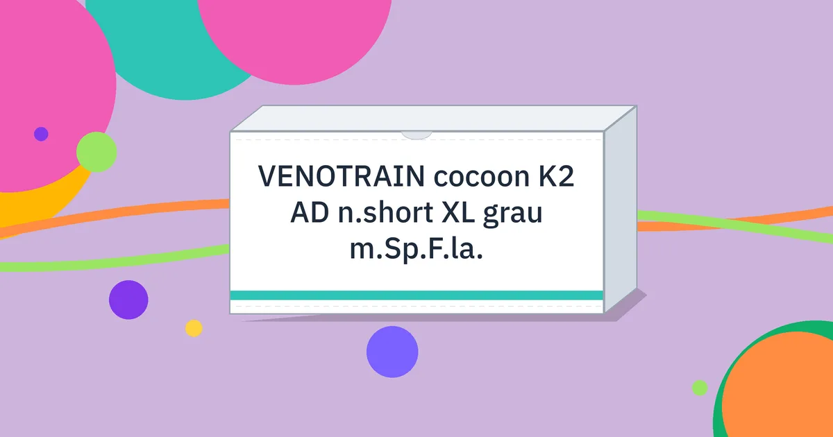 Symbolbild: Packung mit der Aufschrift VENOTRAIN cocoon K2 AD n.short XL grau m.Sp.F.la. (PZN 19198720) – Verfügbarkeit und Bezug in Apotheken in Frankfurt am Main