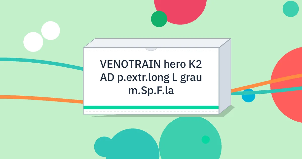 Symbolbild: Packung mit der Aufschrift VENOTRAIN hero K2 AD p.extr.long L grau m.Sp.F.la (PZN 19190670) – Verfügbarkeit und Bezug in Apotheken in Frankfurt am Main