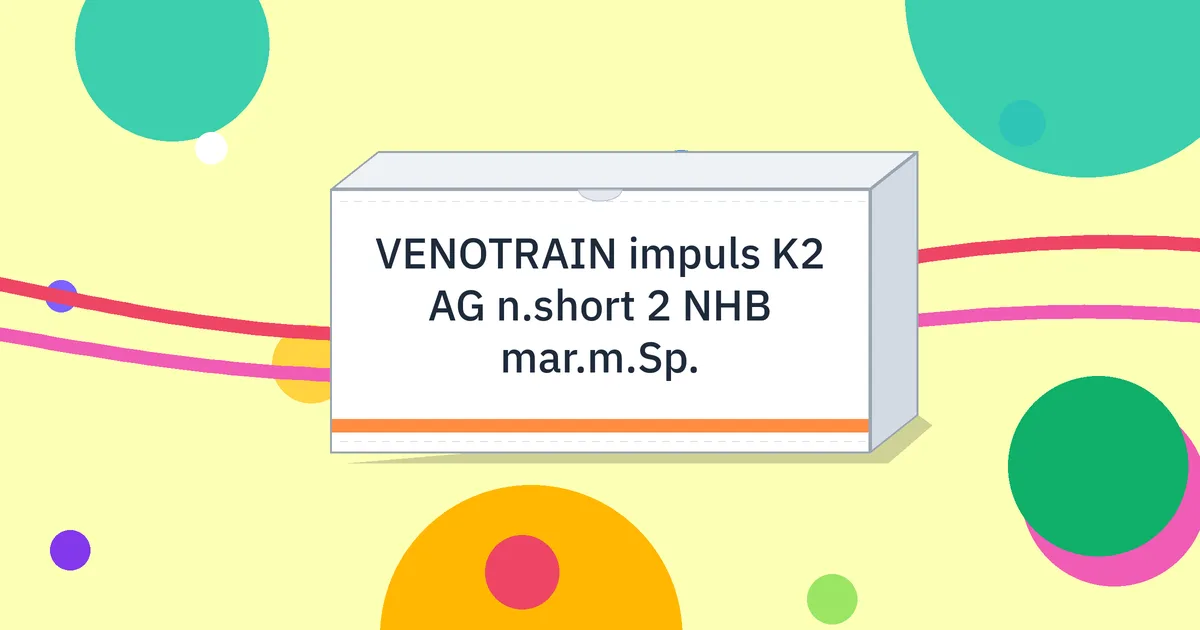Symbolbild: Packung mit der Aufschrift VENOTRAIN impuls K2 AG n.short 2 NHB mar.m.Sp. (PZN 15214008) – Verfügbarkeit und Bezug in Apotheken in Frankfurt am Main