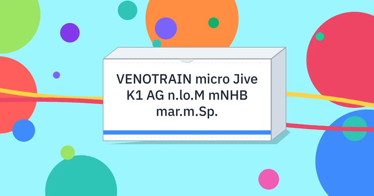 Symbolbild: Packung mit der Aufschrift VENOTRAIN micro Jive K1 AG n.lo.M mNHB mar.m.Sp. (PZN 17761832) – Verfügbarkeit und Bezug in Apotheken in Frankfurt am Main