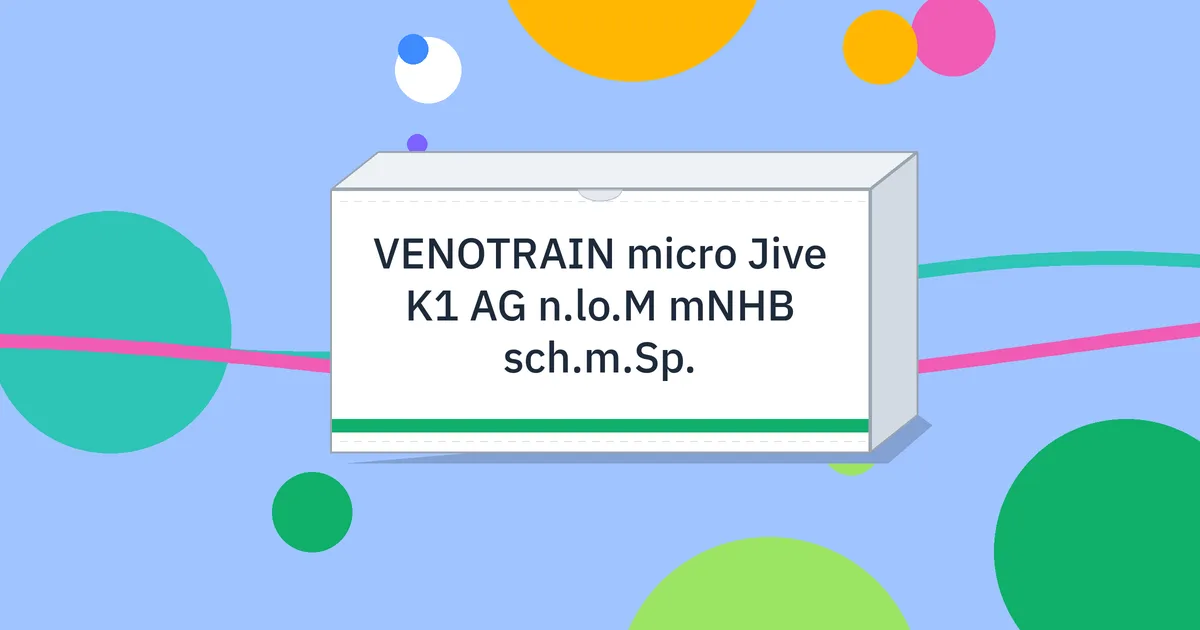 Symbolbild: Packung mit der Aufschrift VENOTRAIN micro Jive K1 AG n.lo.M mNHB sch.m.Sp. (PZN 17762582) – Verfügbarkeit und Bezug in Apotheken in Frankfurt am Main