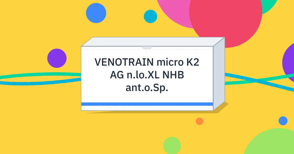 Symbolbild: Packung mit der Aufschrift VENOTRAIN micro K2 AG n.lo.XL NHB ant.o.Sp. (PZN 11064279) – Verfügbarkeit und Bezug in Apotheken in Frankfurt am Main