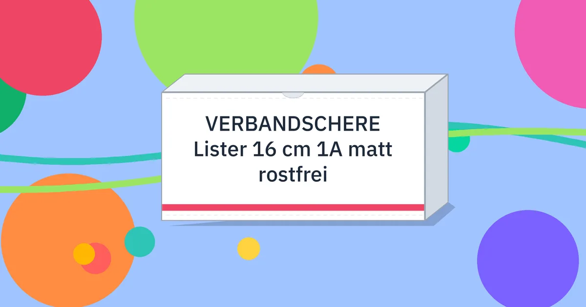Symbolbild: Packung mit der Aufschrift VERBANDSCHERE Lister 16 cm 1A matt rostfrei (PZN 00523620) – Verfügbarkeit und Bezug in Apotheken in Frankfurt am Main