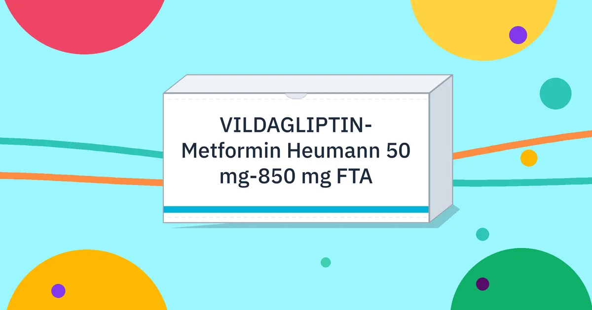 Symbolbild: Packung mit der Aufschrift VILDAGLIPTIN-Metformin Heumann 50 mg-850 mg FTA (PZN 17367420) – Verfügbarkeit und Bezug in Apotheken in Frankfurt am Main