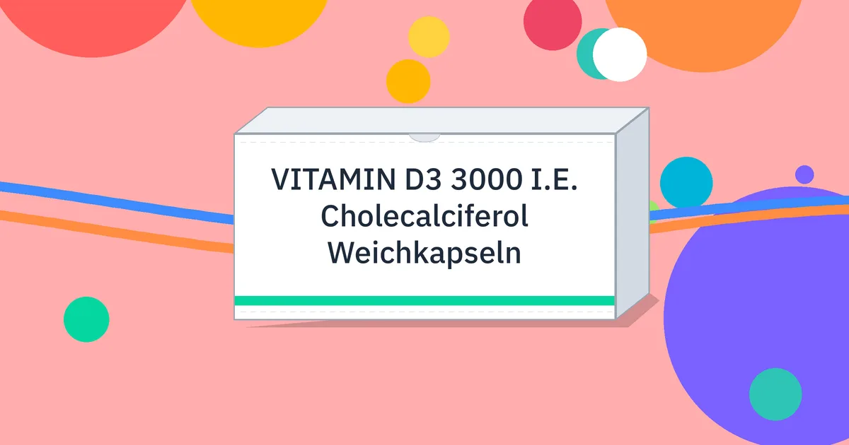 Symbolbild: Packung mit der Aufschrift VITAMIN D3 3000 I.E. Cholecalciferol Weichkapseln (PZN 17997670) – Verfügbarkeit und Bezug in Apotheken in Frankfurt am Main