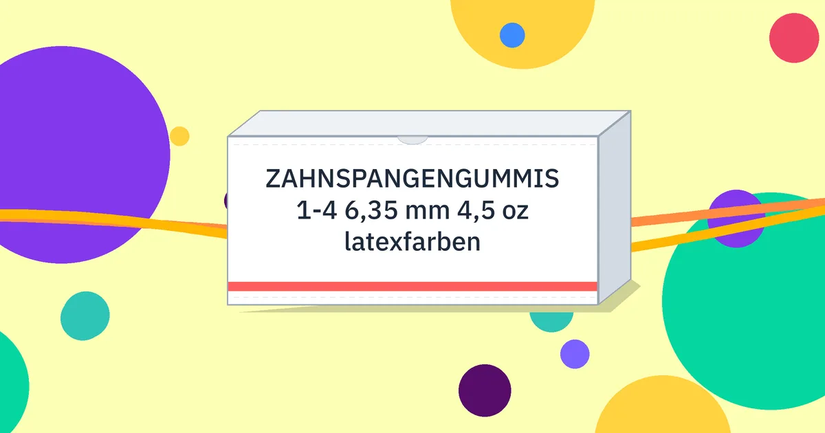 Symbolbild: Packung mit der Aufschrift ZAHNSPANGENGUMMIS 1-4 6,35 mm 4,5 oz latexfarben (PZN 19857720) – Verfügbarkeit und Bezug in Apotheken in Frankfurt am Main