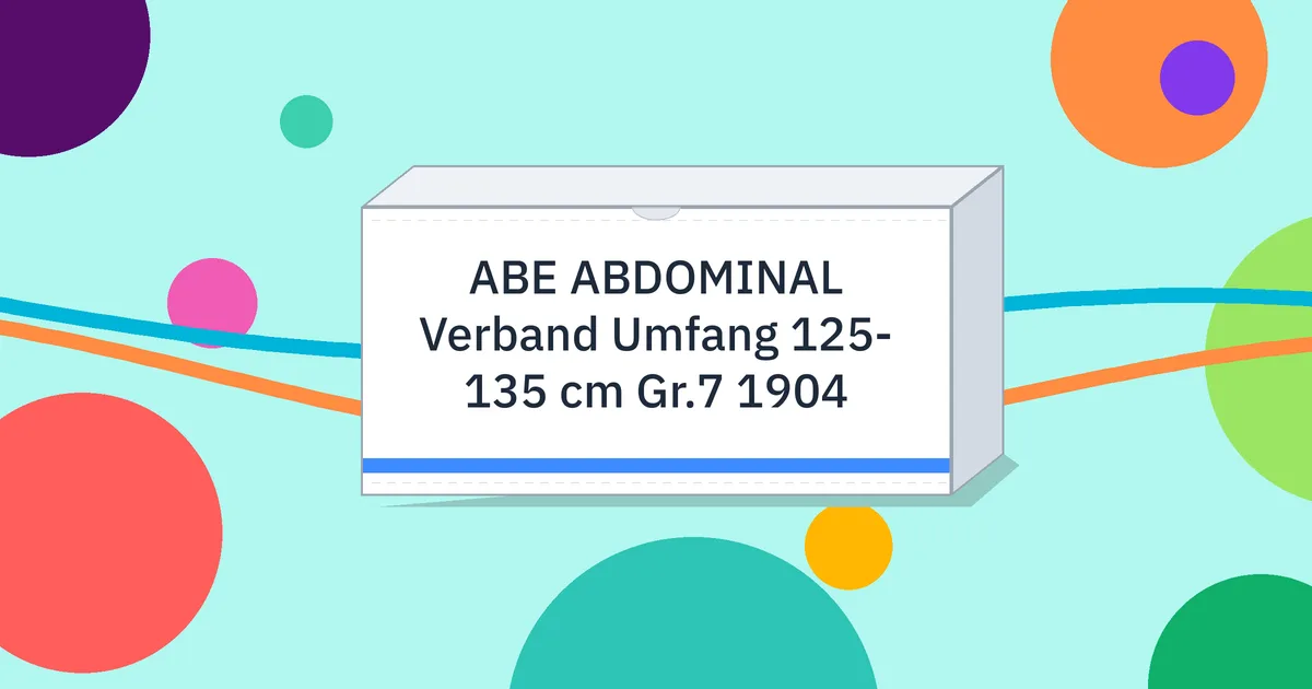 Symbolbild: Packung mit der Aufschrift ABE ABDOMINAL Verband Umfang 125-135 cm Gr.7 1904 (PZN 02435357) – Verfügbarkeit und Bezug in Apotheken in Frankfurt am Main