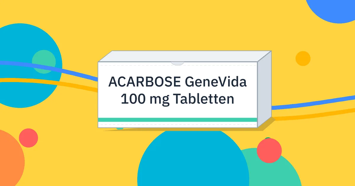 Symbolbild: Packung mit der Aufschrift ACARBOSE GeneVida 100 mg Tabletten (PZN 10979522) – Verfügbarkeit und Bezug in Apotheken in Frankfurt am Main