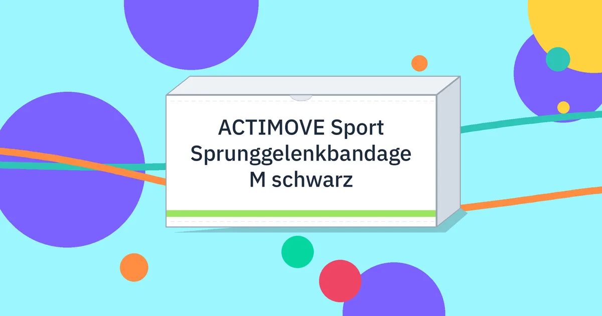 Symbolbild: Packung mit der Aufschrift ACTIMOVE Sport Sprunggelenkbandage M schwarz (PZN 18328422) – Verfügbarkeit und Bezug in Apotheken in Frankfurt am Main