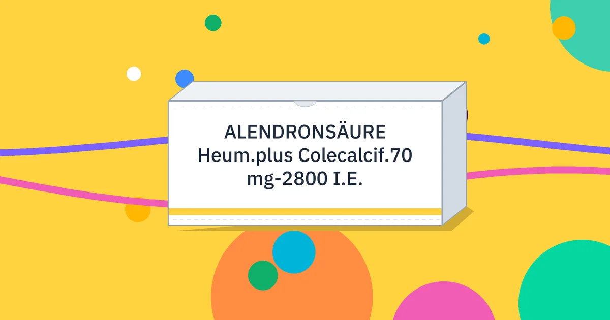 Symbolbild: Packung mit der Aufschrift ALENDRONSÄURE Heum.plus Colecalcif.70 mg-2800 I.E. (PZN 11580526) – Verfügbarkeit und Bezug in Apotheken in Frankfurt am Main