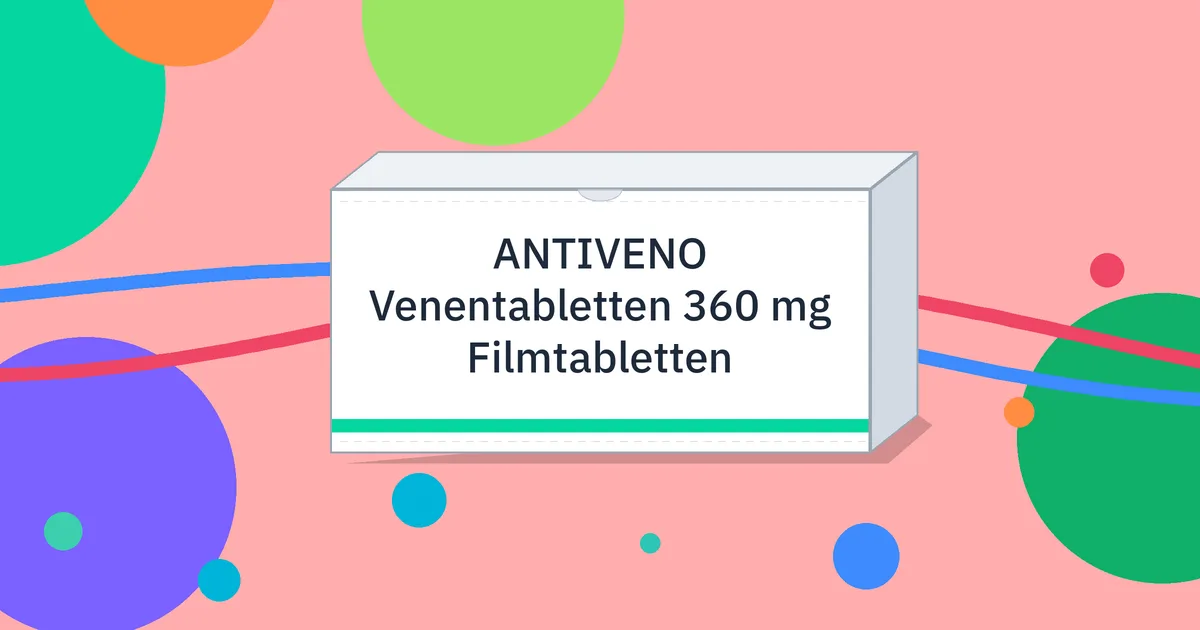 Symbolbild: Packung mit der Aufschrift ANTIVENO Venentabletten 360 mg Filmtabletten (PZN 18766843) – Verfügbarkeit und Bezug in Apotheken in Frankfurt am Main