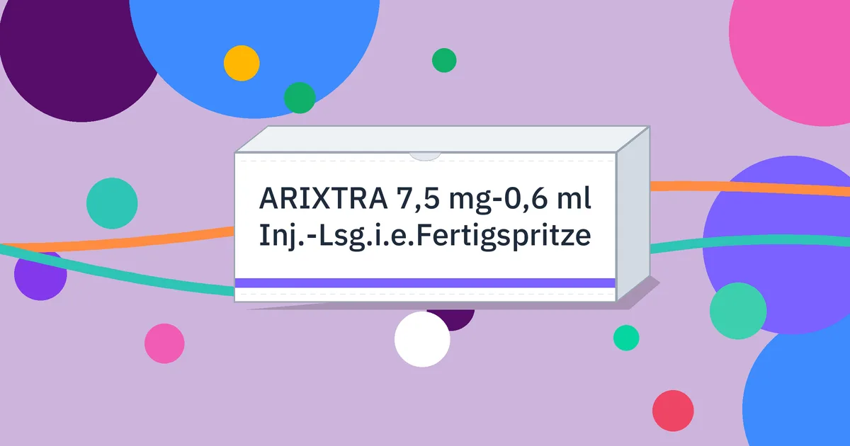 Symbolbild: Packung mit der Aufschrift ARIXTRA 7,5 mg-0,6 ml Inj.-Lsg.i.e.Fertigspritze (PZN 10202868) – Verfügbarkeit und Bezug in Apotheken in Frankfurt am Main