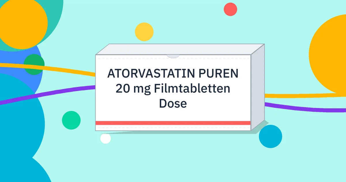 Symbolbild: Packung mit der Aufschrift ATORVASTATIN PUREN 20 mg Filmtabletten Dose (PZN 11297546) – Verfügbarkeit und Bezug in Apotheken in Frankfurt am Main