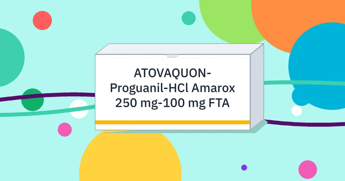 Symbolbild: Packung mit der Aufschrift ATOVAQUON-Proguanil-HCl Amarox 250 mg-100 mg FTA (PZN 18727263) – Verfügbarkeit und Bezug in Apotheken in Frankfurt am Main