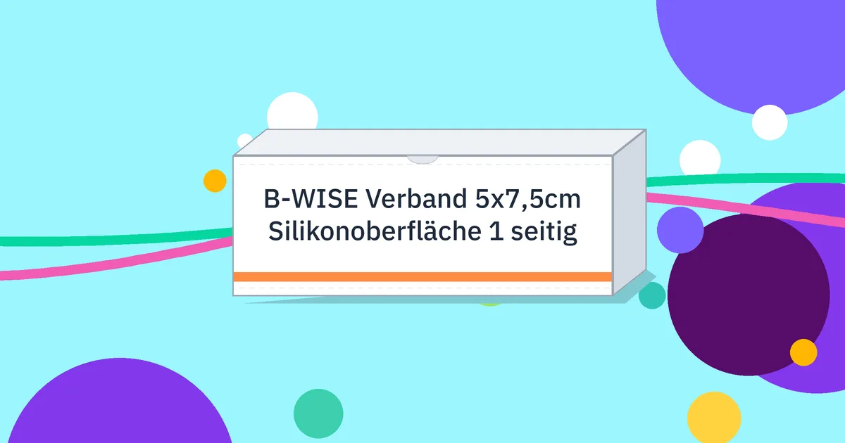 Symbolbild: Packung mit der Aufschrift B-WISE Verband 5x7,5cm Silikonoberfläche 1 seitig (PZN 19730712) – Verfügbarkeit und Bezug in Apotheken in Frankfurt am Main