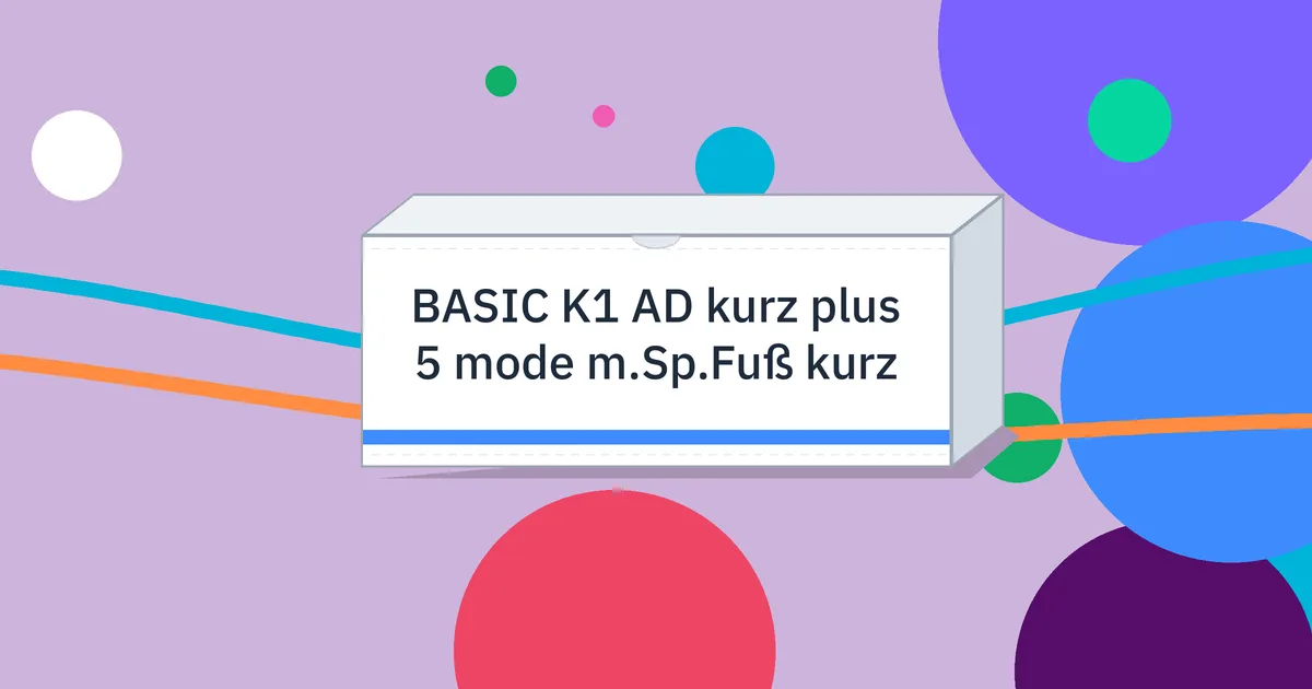 Symbolbild: Packung mit der Aufschrift BASIC K1 AD kurz plus 5 mode m.Sp.Fuß kurz (PZN 20259036) – Verfügbarkeit und Bezug in Apotheken in Frankfurt am Main