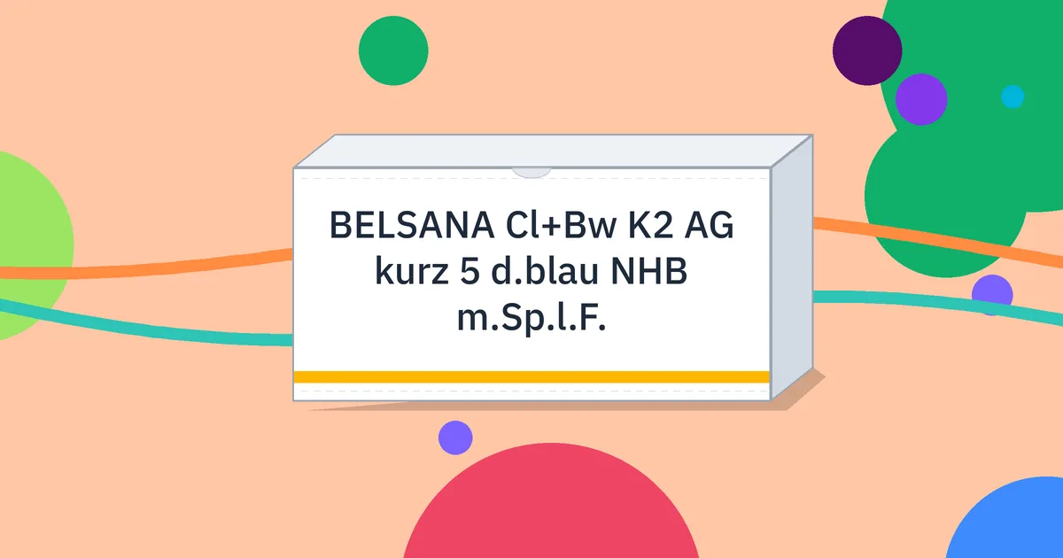 Symbolbild: Packung mit der Aufschrift BELSANA Cl+Bw K2 AG kurz 5 d.blau NHB m.Sp.l.F. (PZN 15627503) – Verfügbarkeit und Bezug in Apotheken in Frankfurt am Main