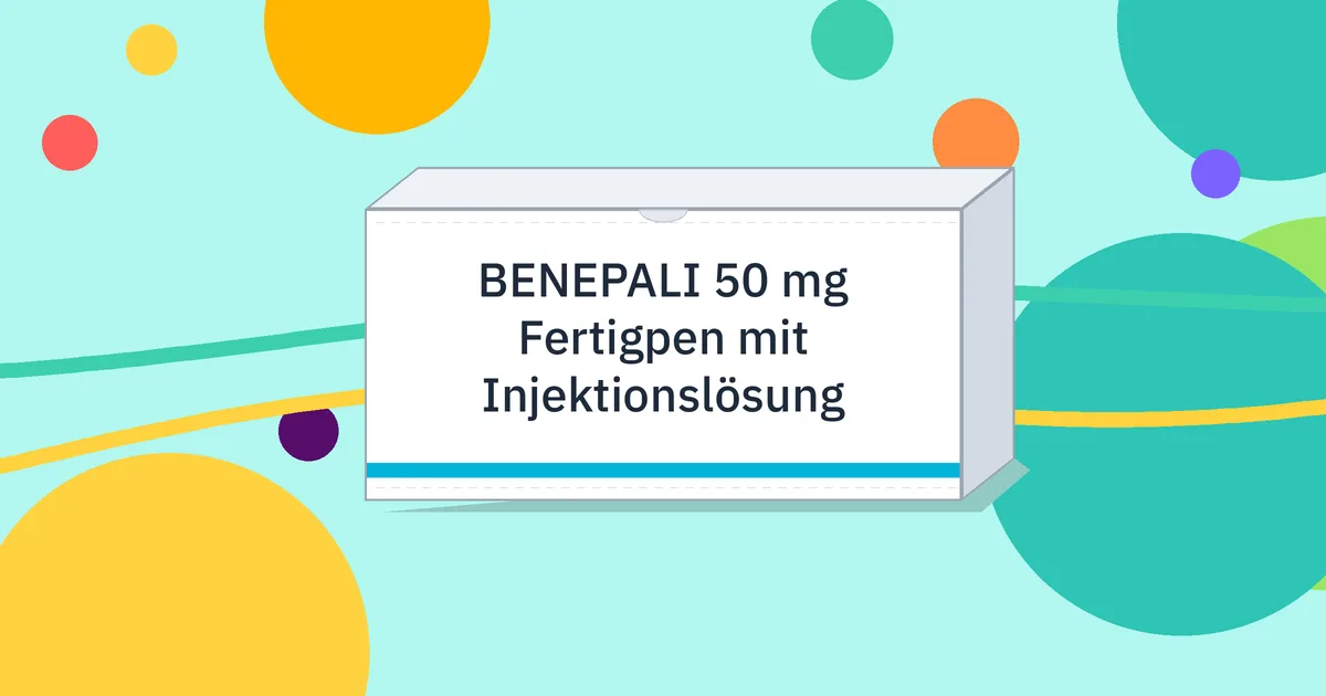 Symbolbild: Packung mit der Aufschrift BENEPALI 50 mg Fertigpen mit Injektionslösung (PZN 11853728) – Verfügbarkeit und Bezug in Apotheken in Frankfurt am Main